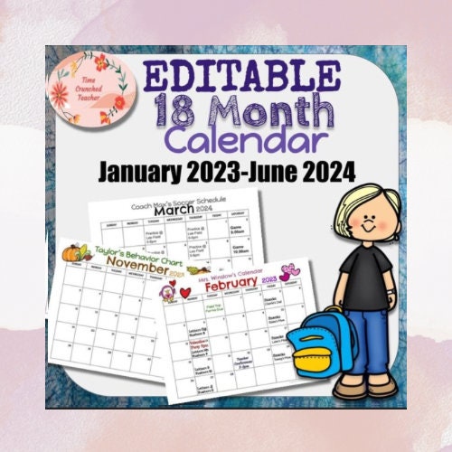 Editable 18 Month Calendar: January 2023-june 2024 - Etsy