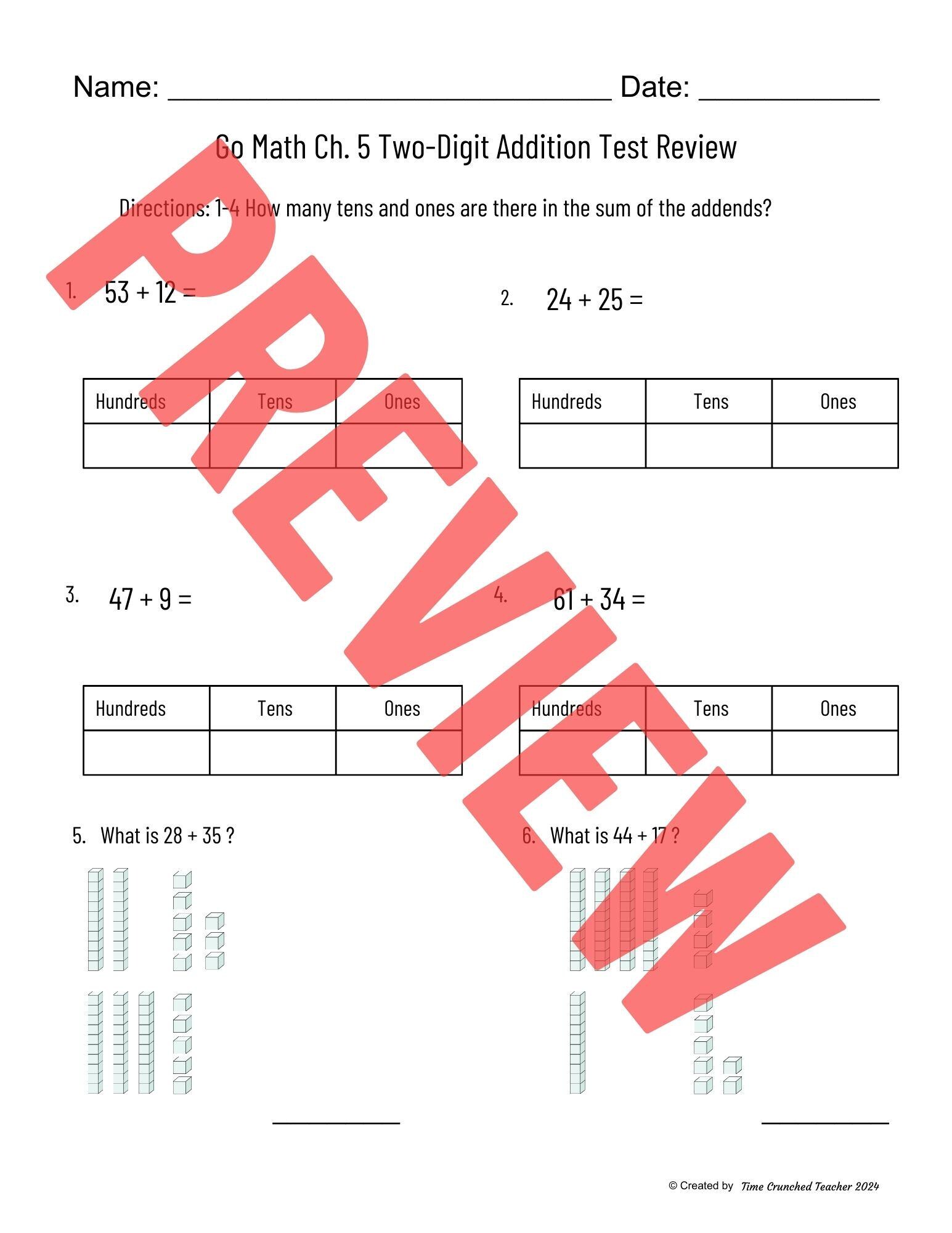 Printable 2nd Grade Go Math Ch. 5: Two Digit Addition | Math Practice ...