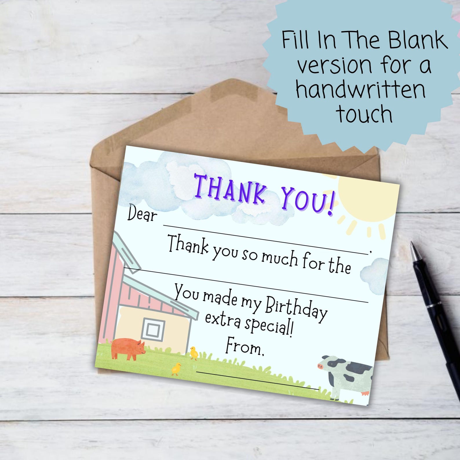 Printable Fill in the Blank Thank You Cards | Farm Birthday | Kids ...