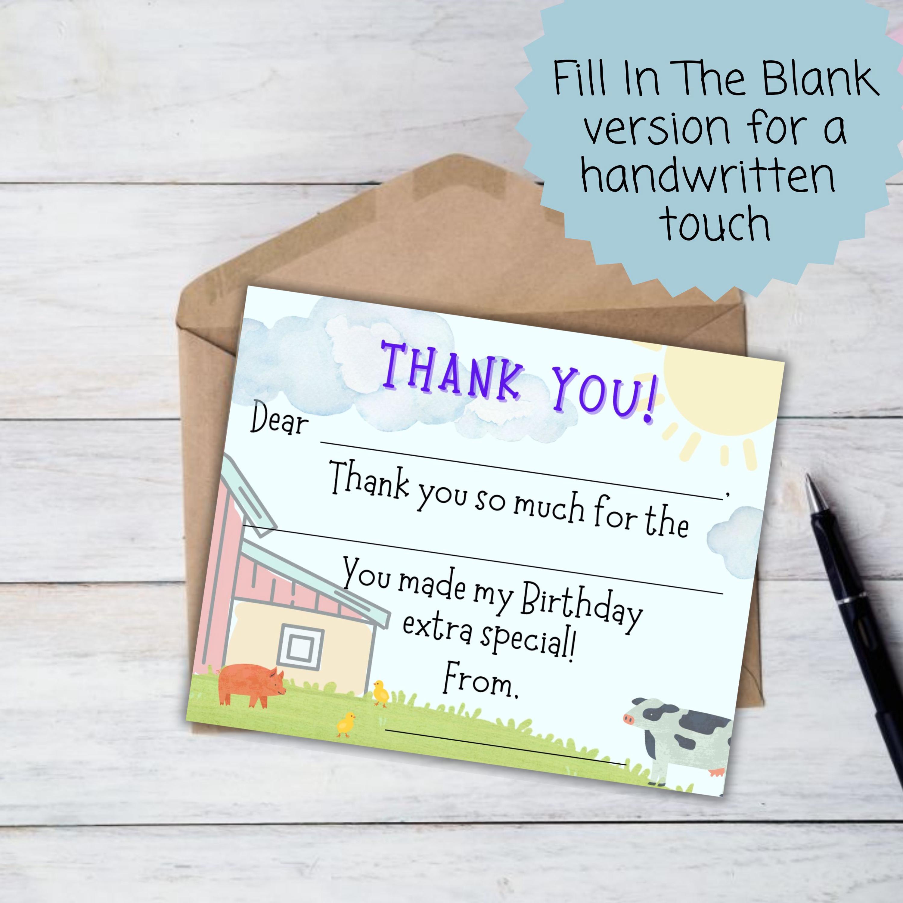 Printable Fill in the Blank Thank You Cards | Farm Birthday | Kids ...