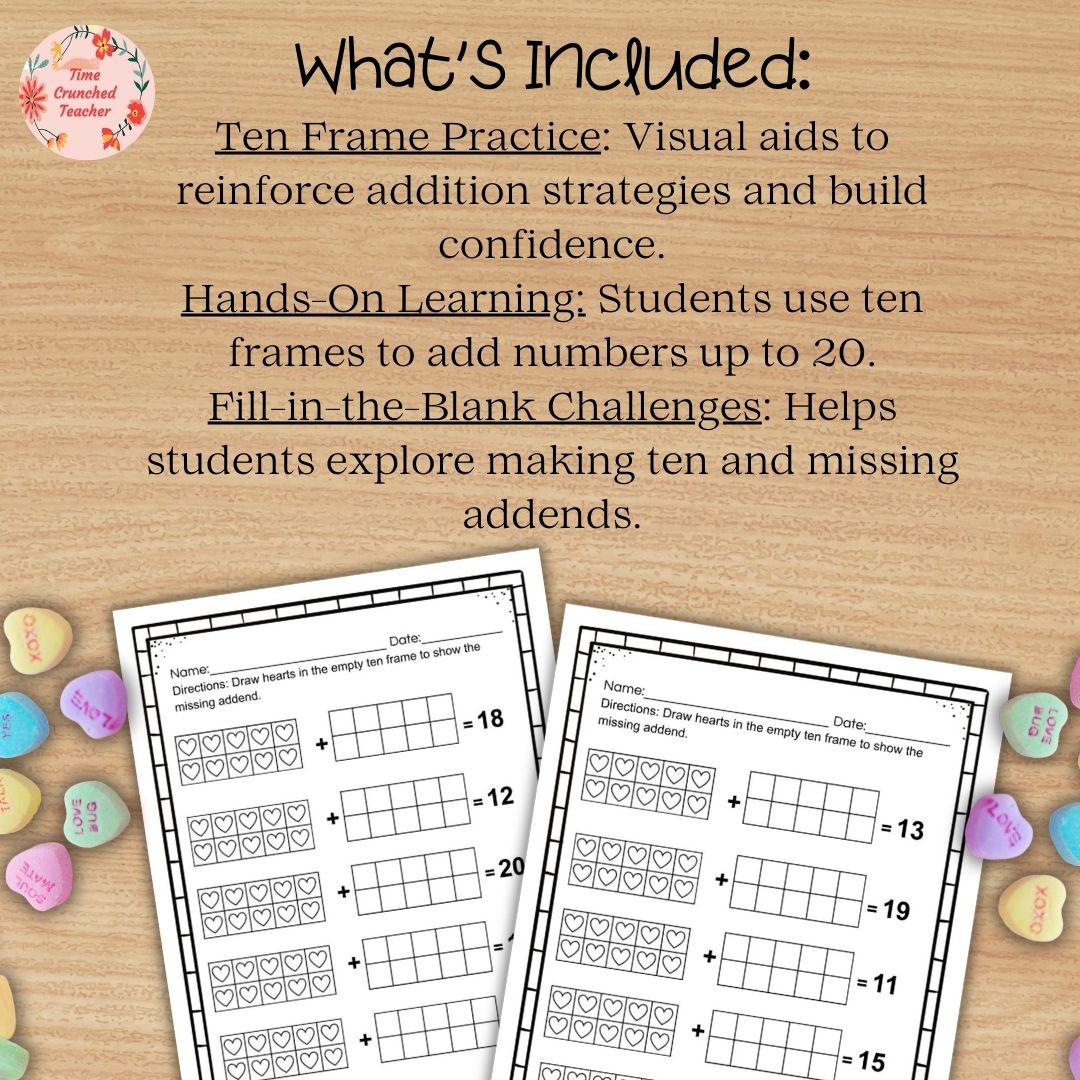 Printable Valentine's Day Themed Ten Frame Addition Practice for 1st ...