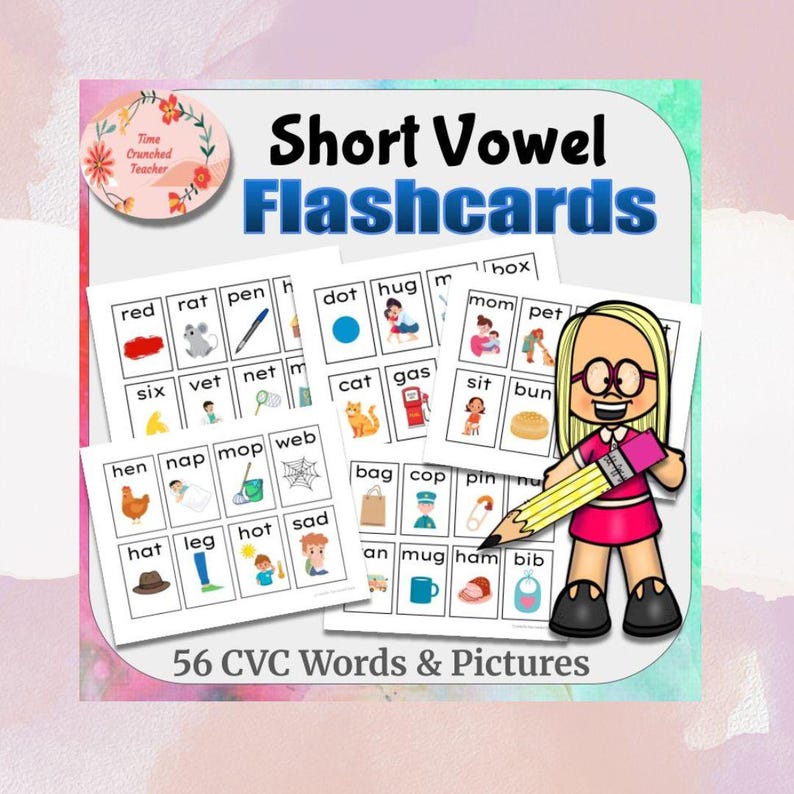Short Vowel Flashcards | CVC Words With Pictures | Kindergarten Phonics ...