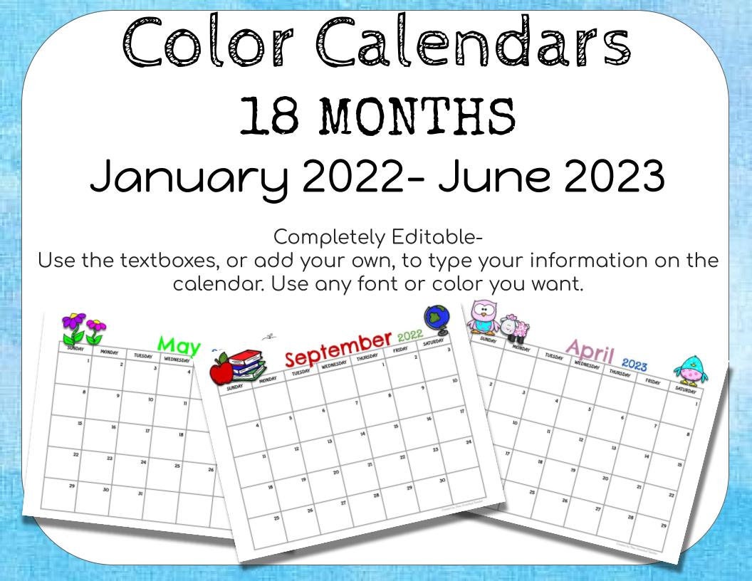 Editable 18 Month Calendar: January 2022-june 2023 - Etsy