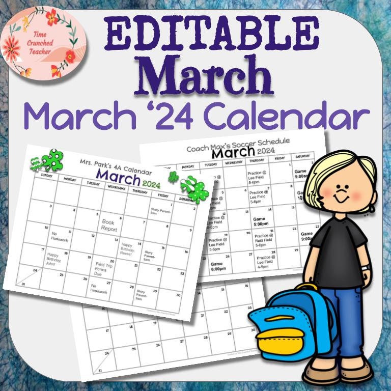 Printable March Calendar | March 2024 Calendar | Customizable Calendar ...