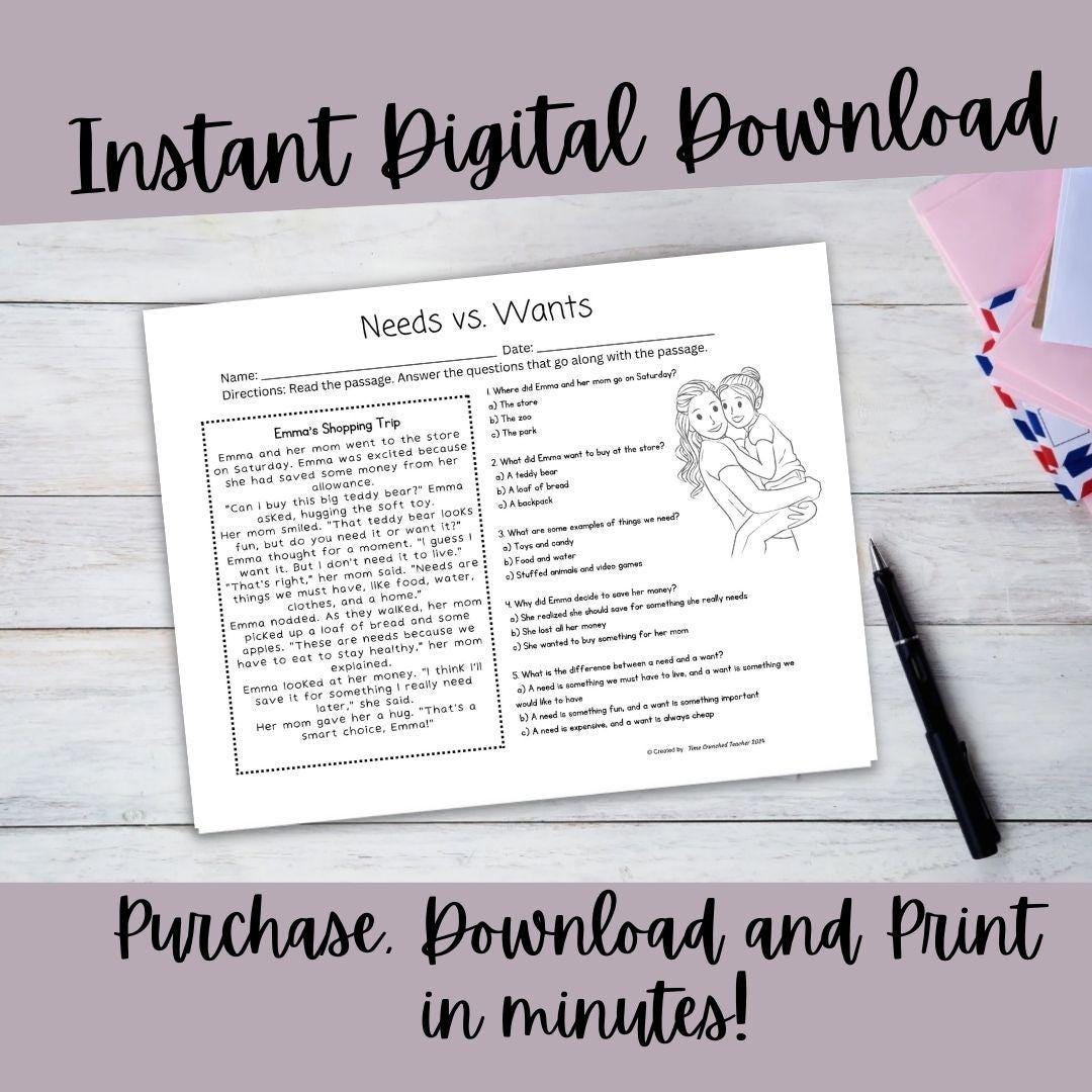 Printable 2nd Grade Social Studies: Needs and Wants | Reading Passages ...