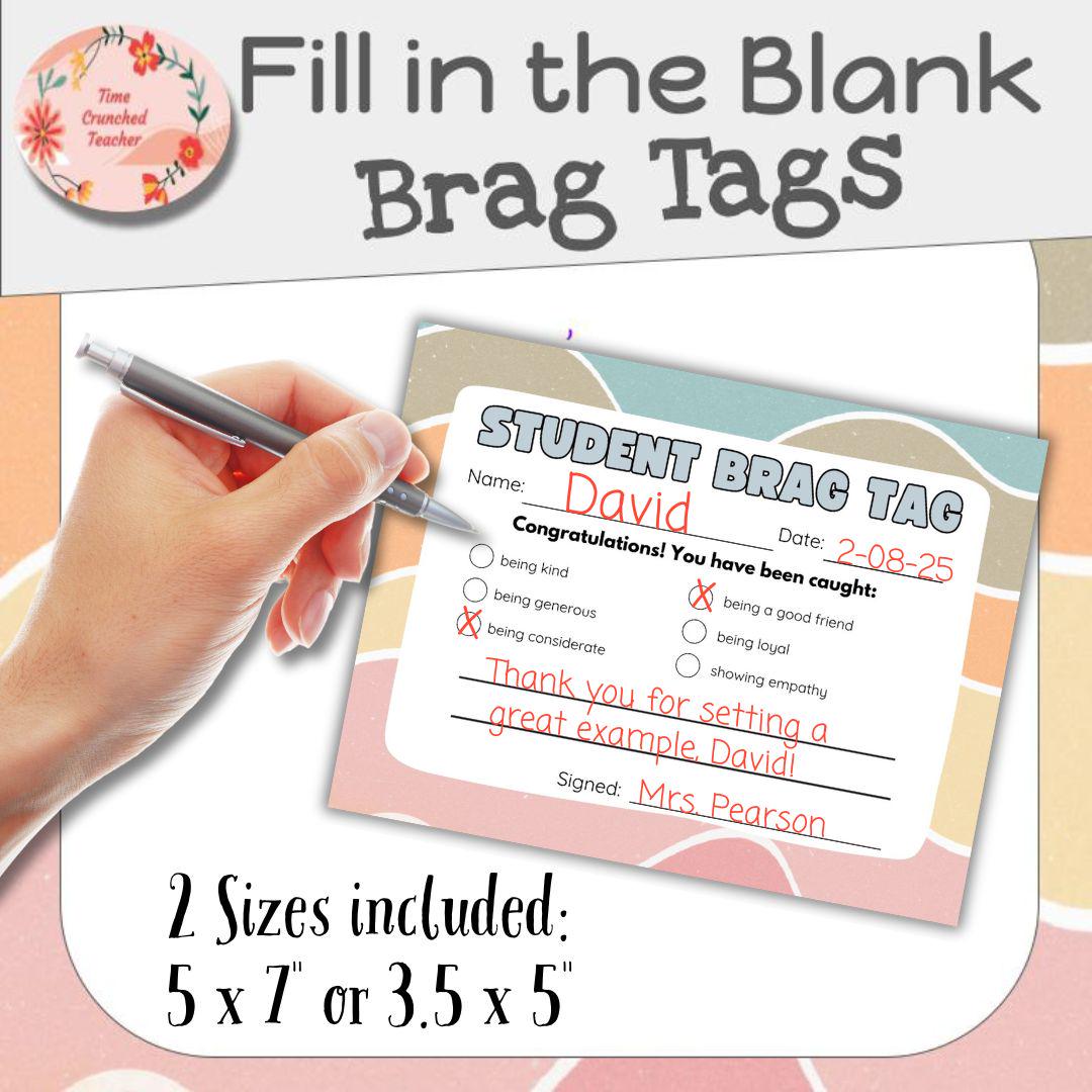 Printable Pastel Fill in the Blank Brag Tags | Teacher Notecards ...