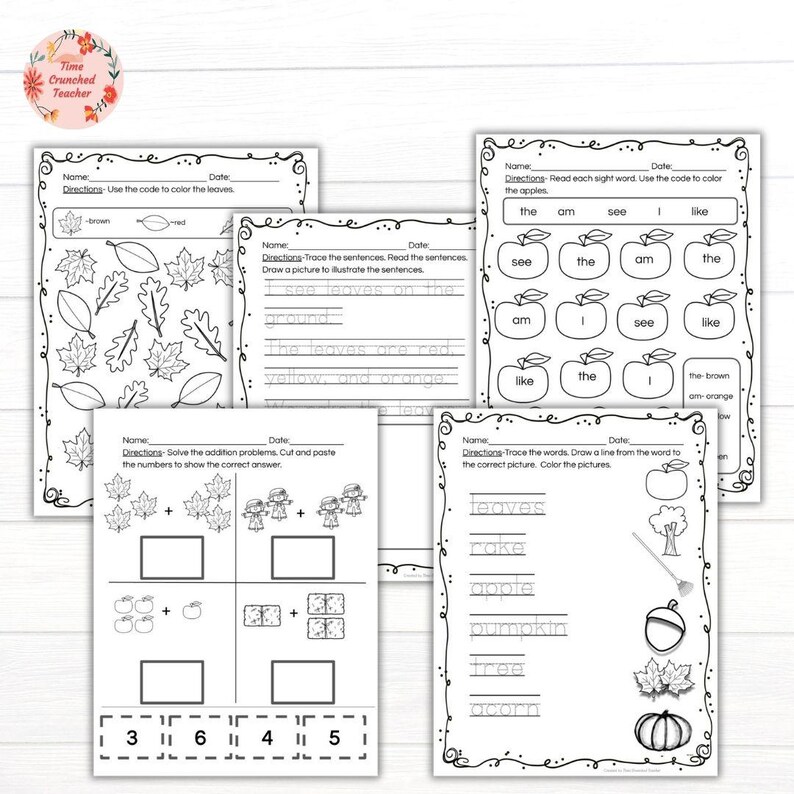 Kindergarten Fall Morning Work Packet: Literacy & Math Worksheets ...