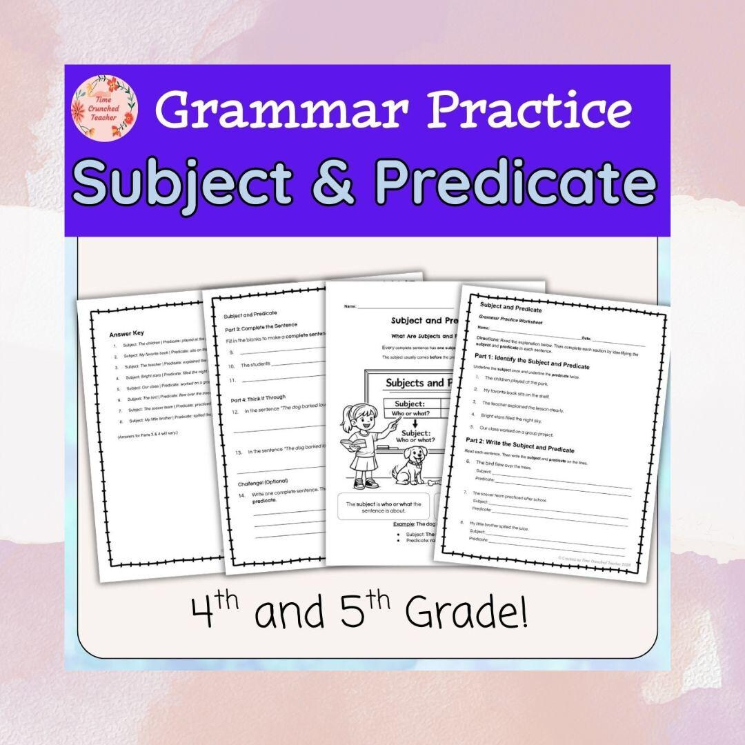 Subject and Predicate Worksheets for 4th & 5th Grade | Sentence ...