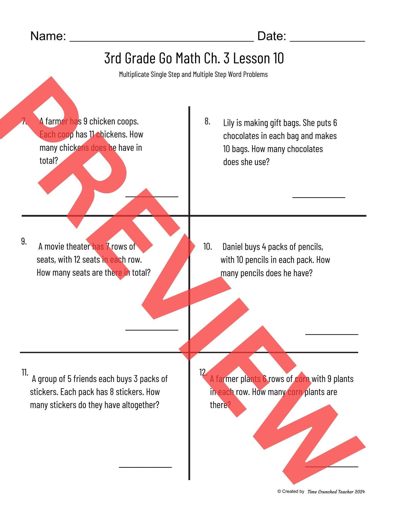 Printable 3rd Grade Go Math Ch. 3 Lesson 10 | Multiplication Word ...