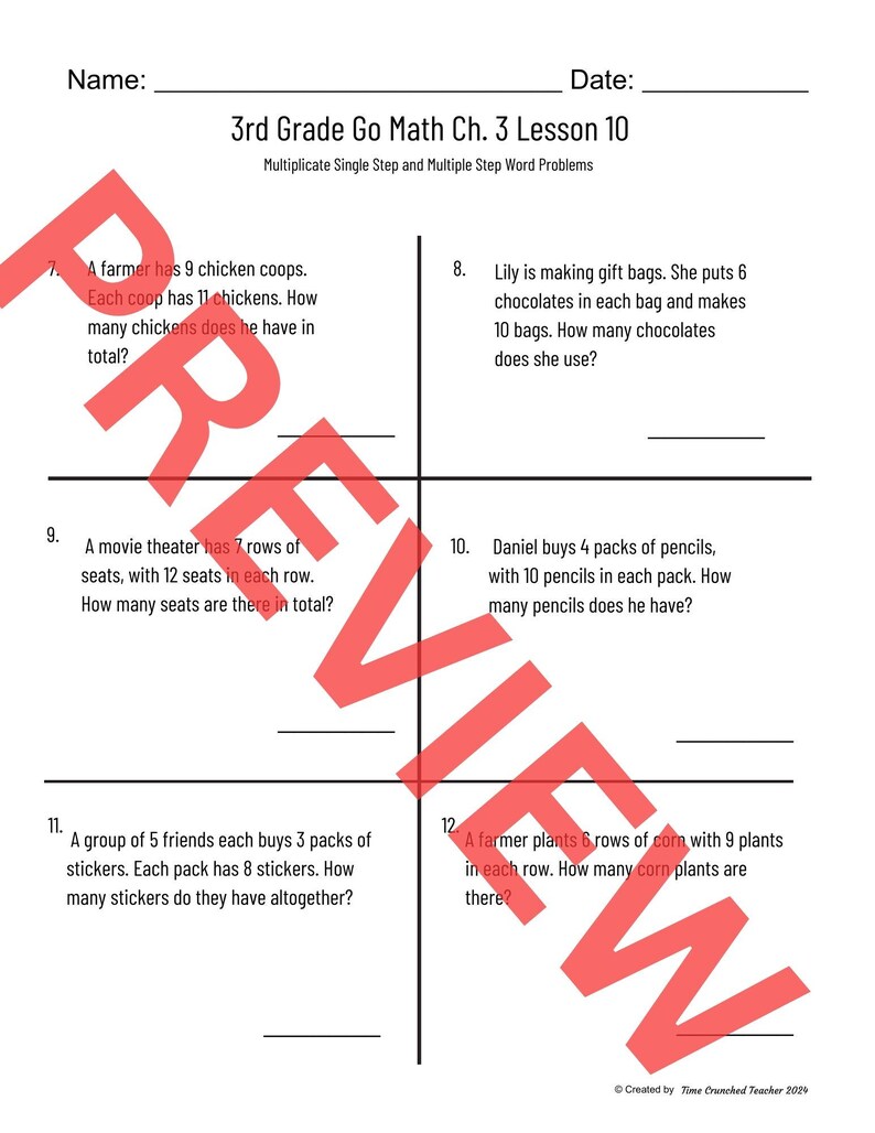 Printable 3rd Grade Go Math Ch. 3 Lesson 10 | Multiplication Word ...