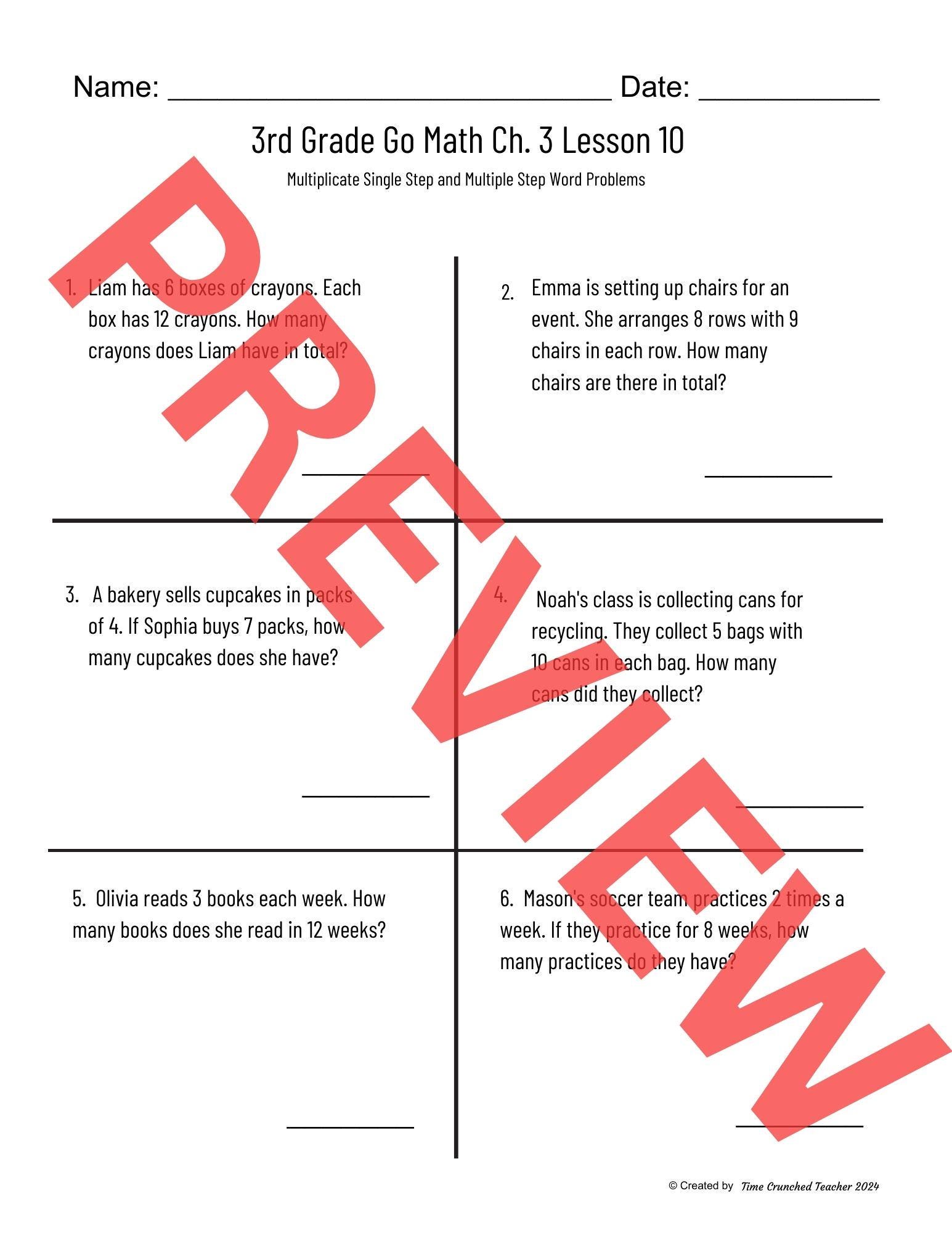 Printable 3rd Grade Go Math Ch. 3 Lesson 10 | Multiplication Word ...