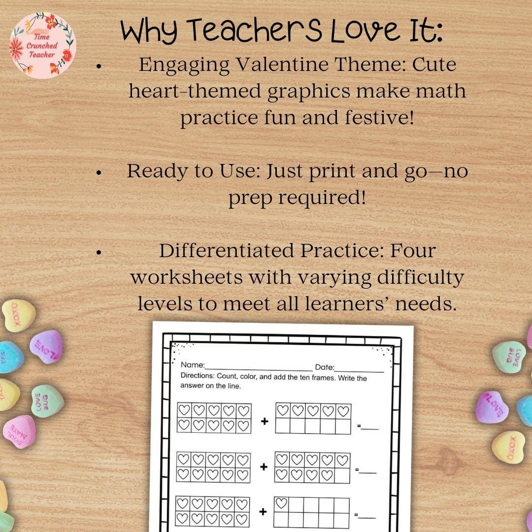 Printable Valentine's Day Themed Ten Frame Addition Practice for 1st ...