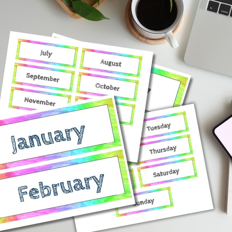 Printable Calendar Labels | Tie Dye Calendar Labels | Days of the Week ...