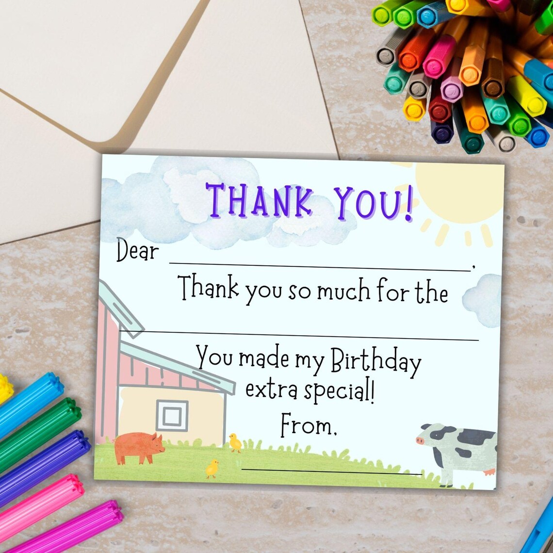 Printable Fill in the Blank Thank You Cards | Farm Birthday | Kids ...