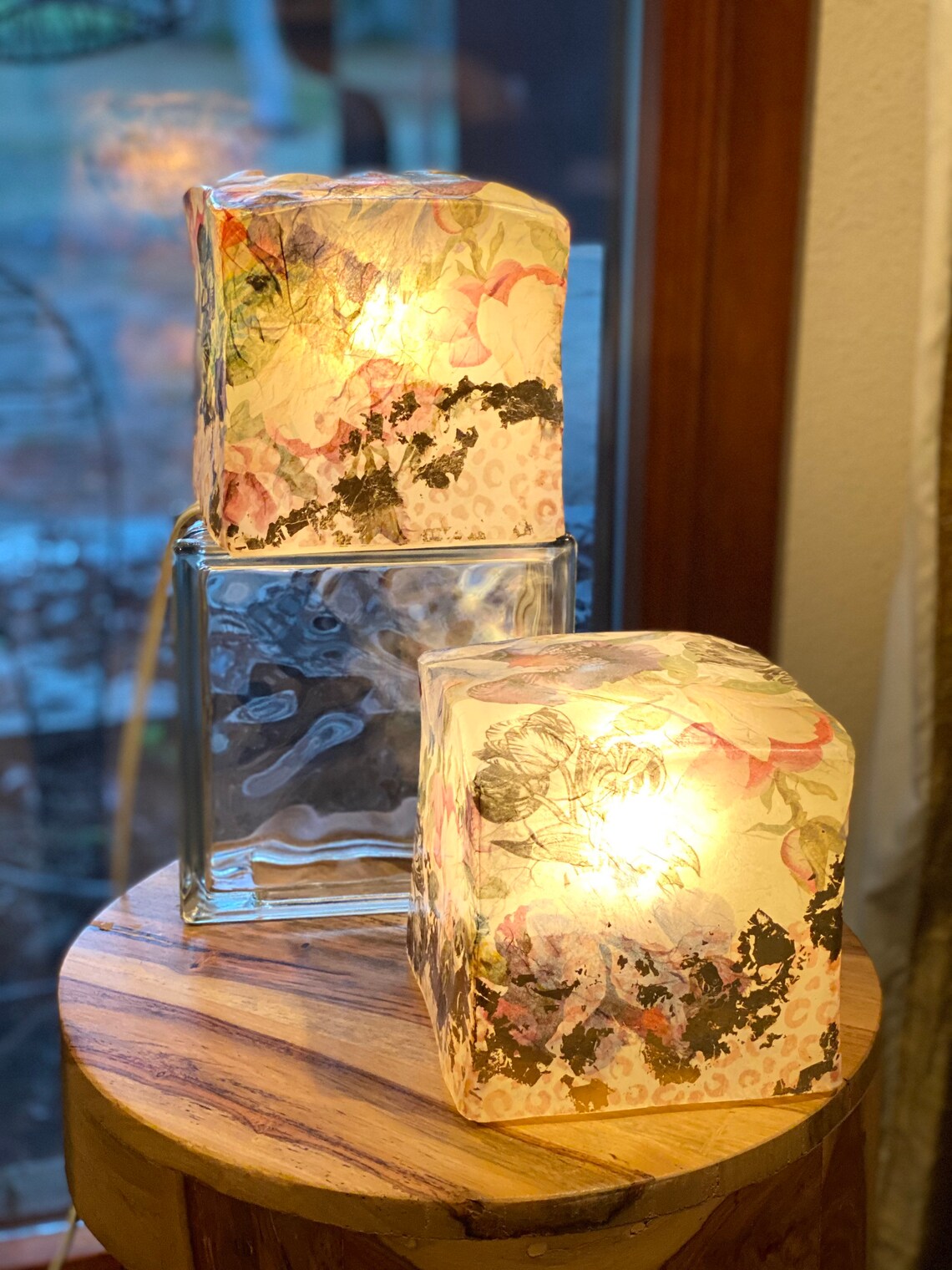 Pair of Decoupaged Glass Block Table Lamps, Bedside Lamps, Nightlights ...