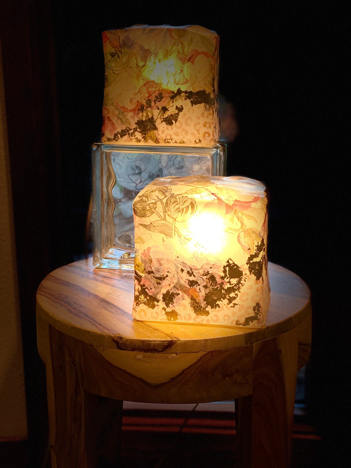 Pair of Decoupaged Glass Block Table Lamps, Bedside Lamps, Nightlights ...