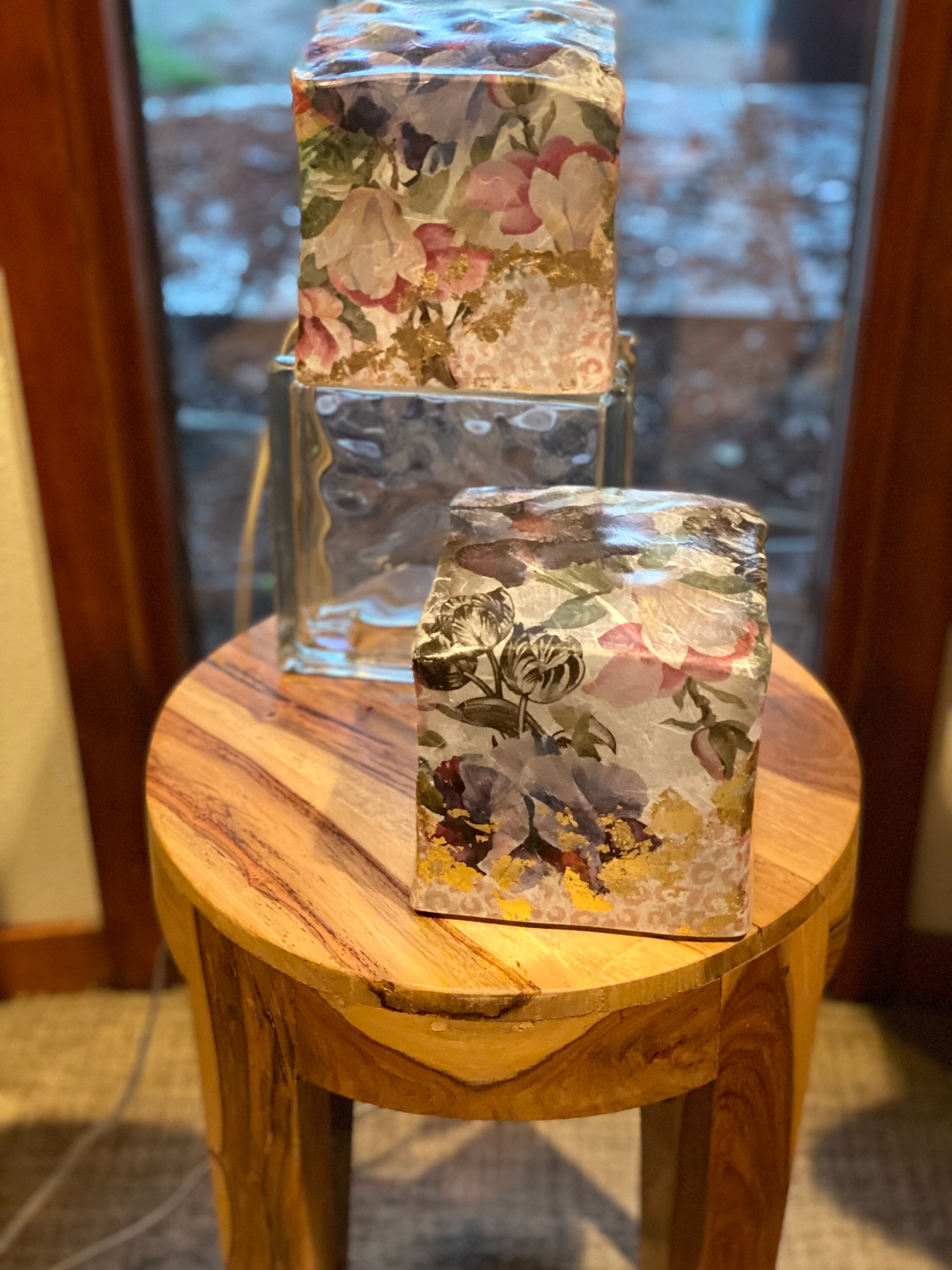 Pair of Decoupaged Glass Block Table Lamps, Bedside Lamps, Nightlights ...