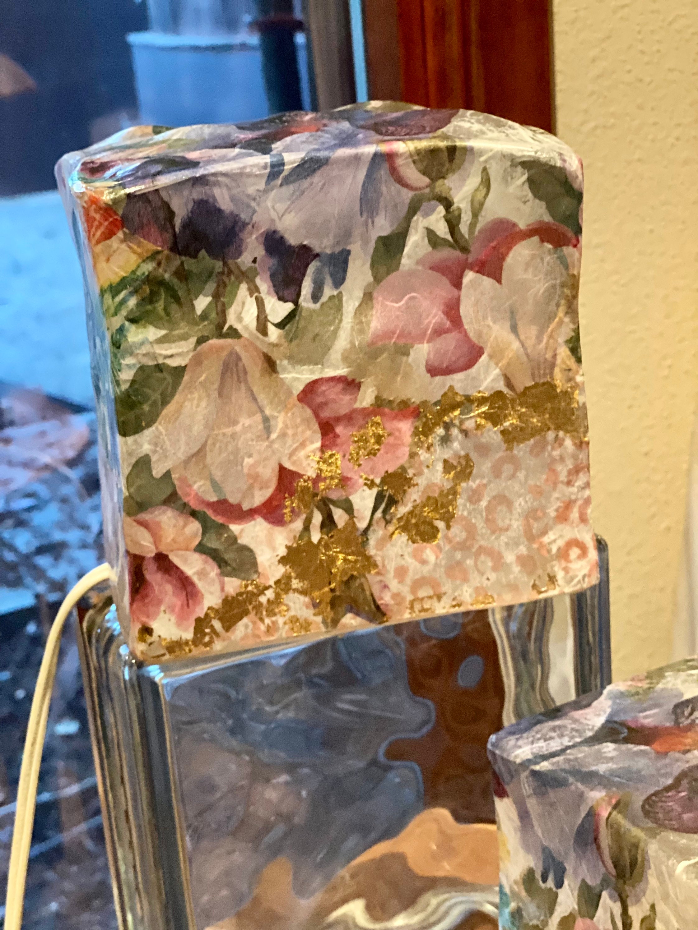 Pair of Decoupaged Glass Block Table Lamps, Bedside Lamps, Nightlights ...