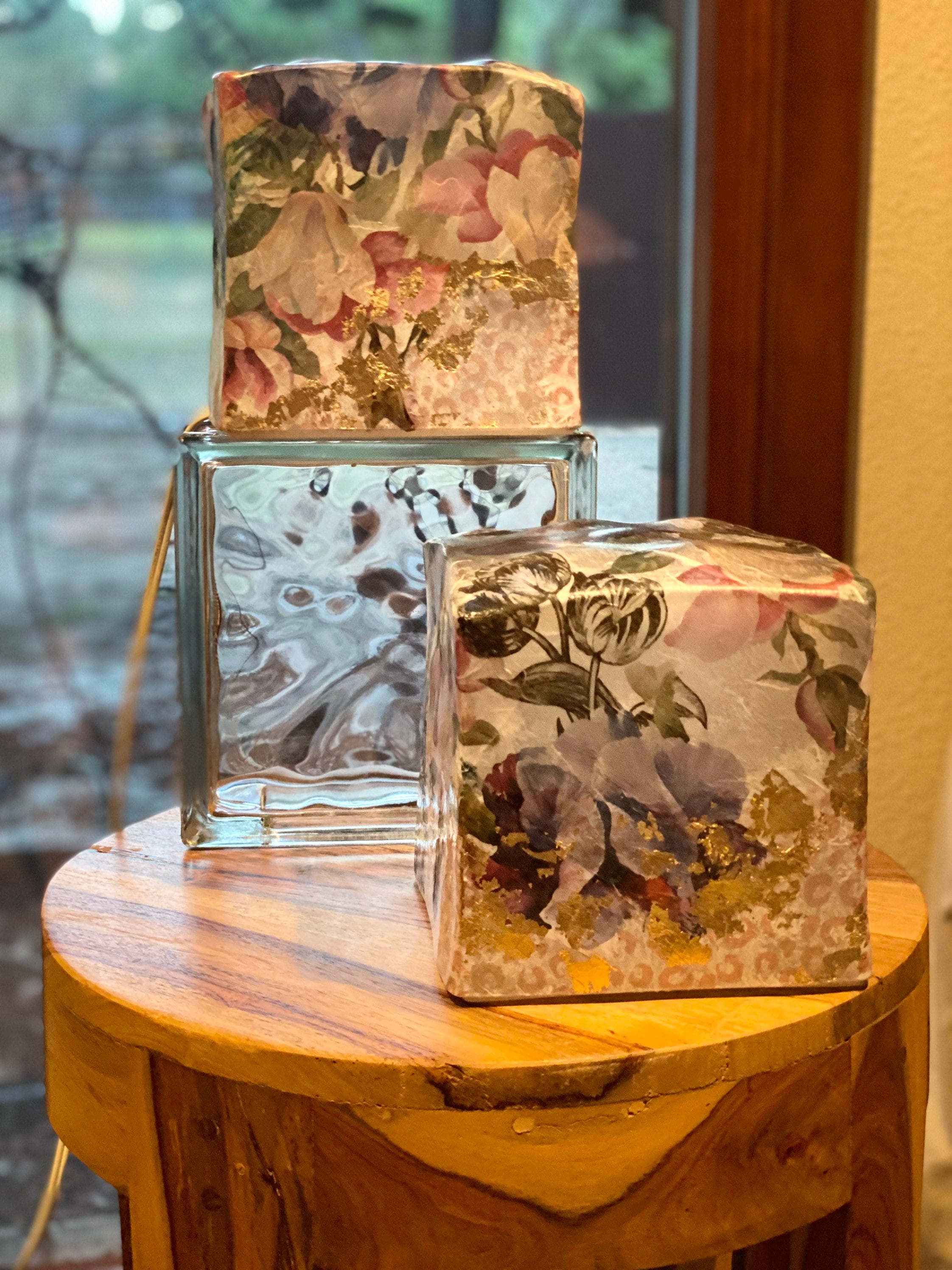 Pair of Decoupaged Glass Block Table Lamps, Bedside Lamps, Nightlights ...