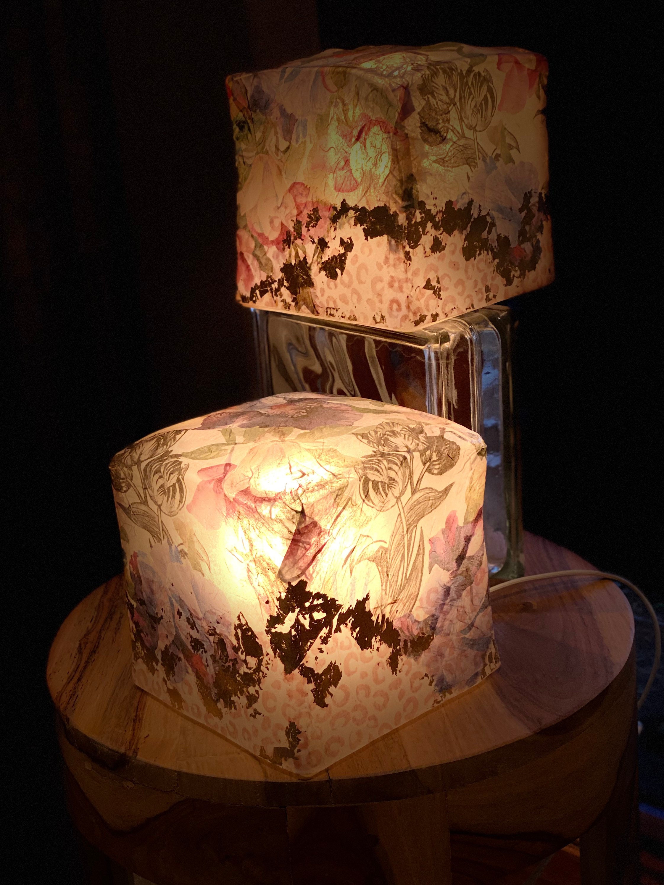 Pair of Decoupaged Glass Block Table Lamps, Bedside Lamps, Nightlights ...
