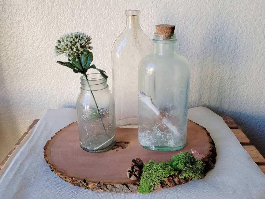 Antique Cottagecore Glass Bottle Vase Letter in a Bottle Wood Round ...