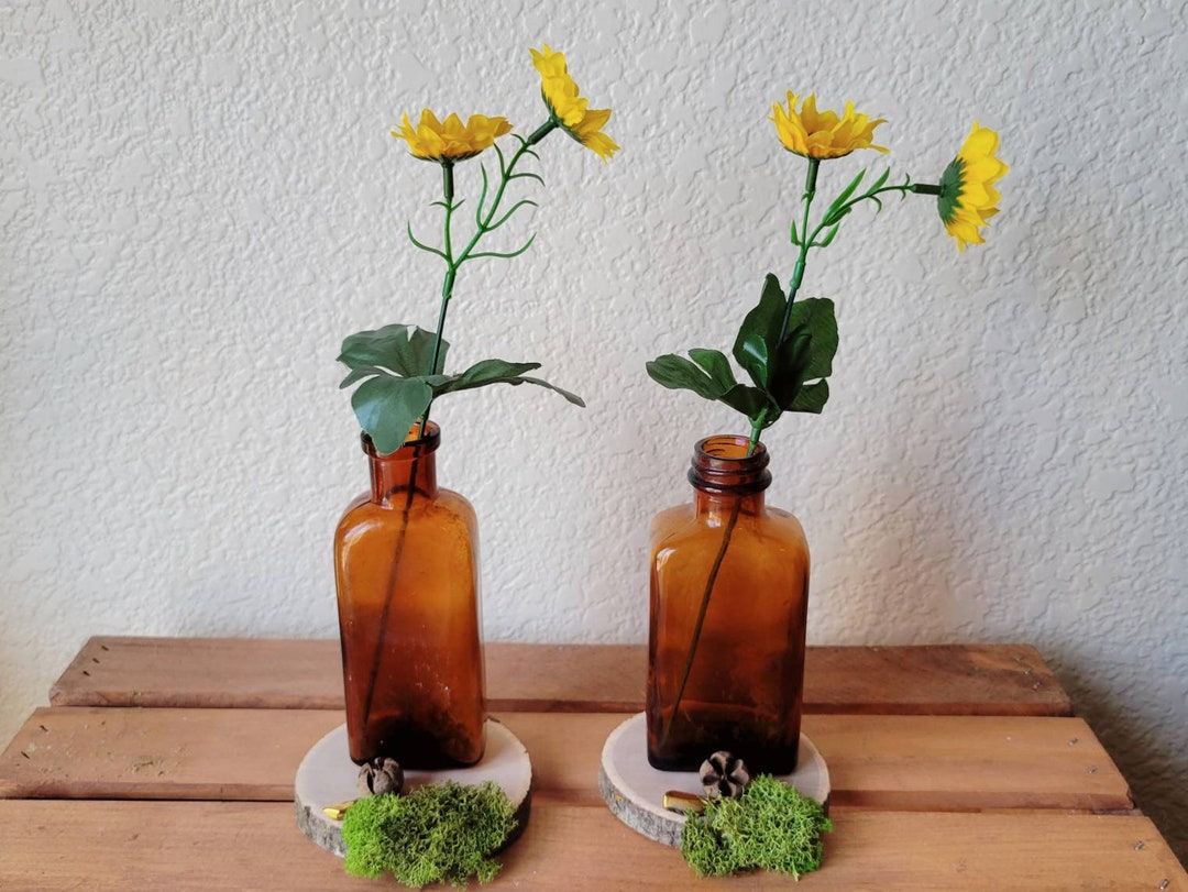 Antique Cottagecore Square Amber Glass Bottle Vase on Wood Round With ...