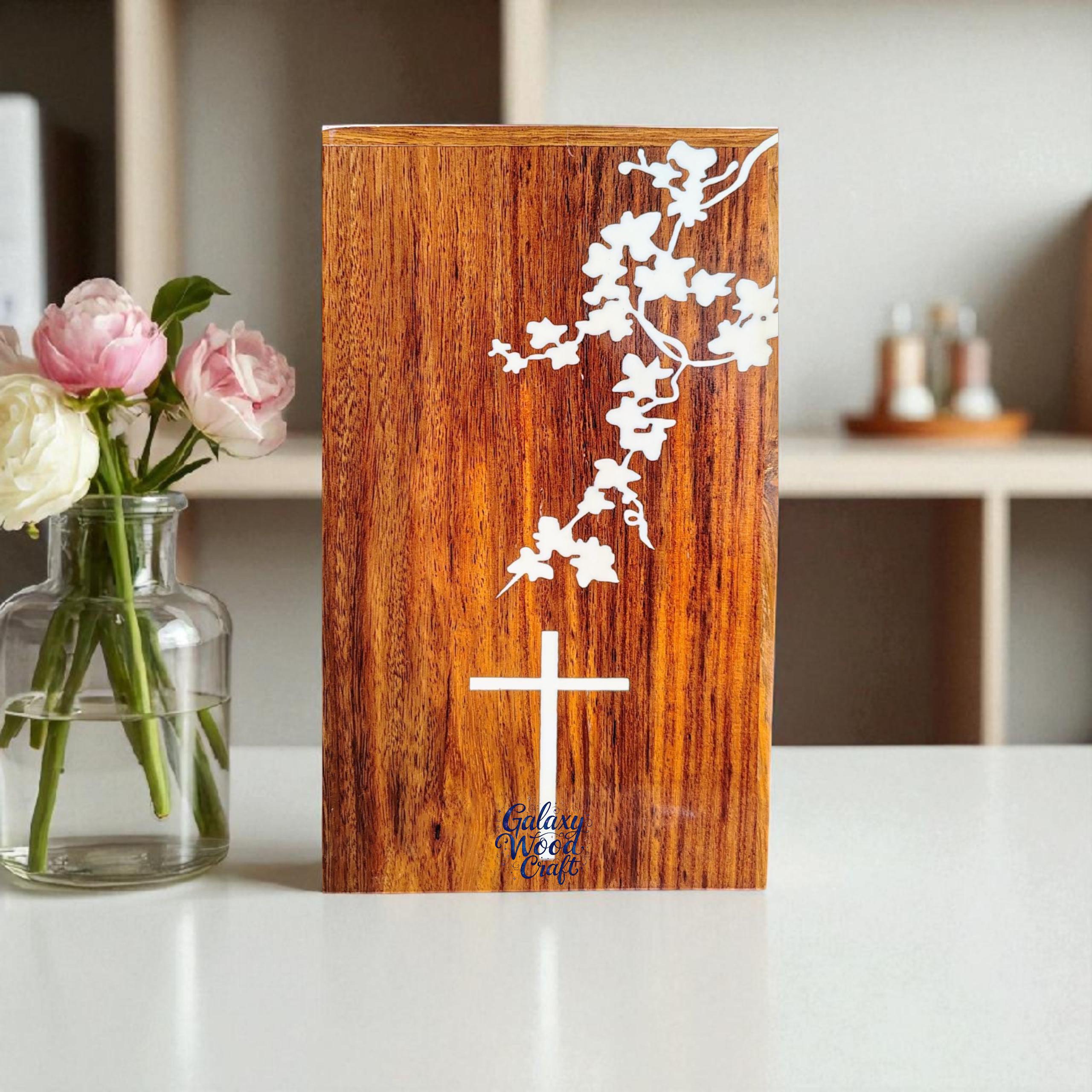 Personalized Rosewood Cremation Urn: Cross & Floral Epoxy Resin Inlay ...