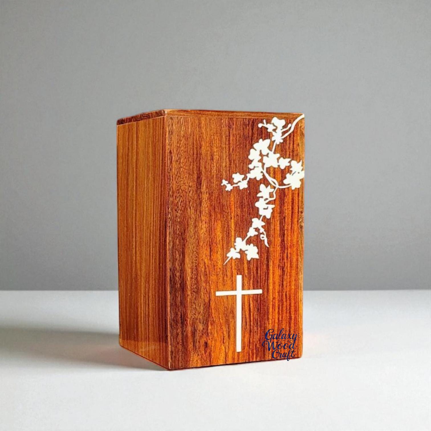 Personalized Rosewood Cremation Urn: Cross & Floral Epoxy Resin Inlay ...