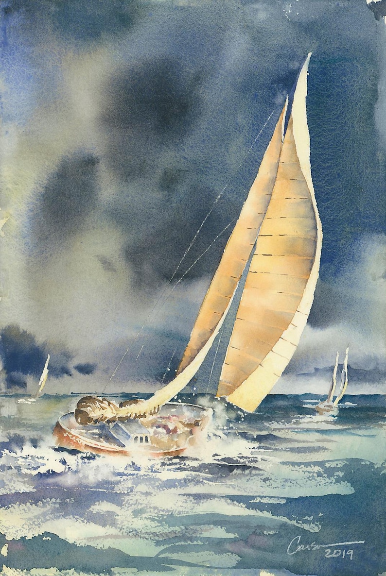 Watercolor of a Sailboat Moving Through Waves Ahead of an Approaching ...