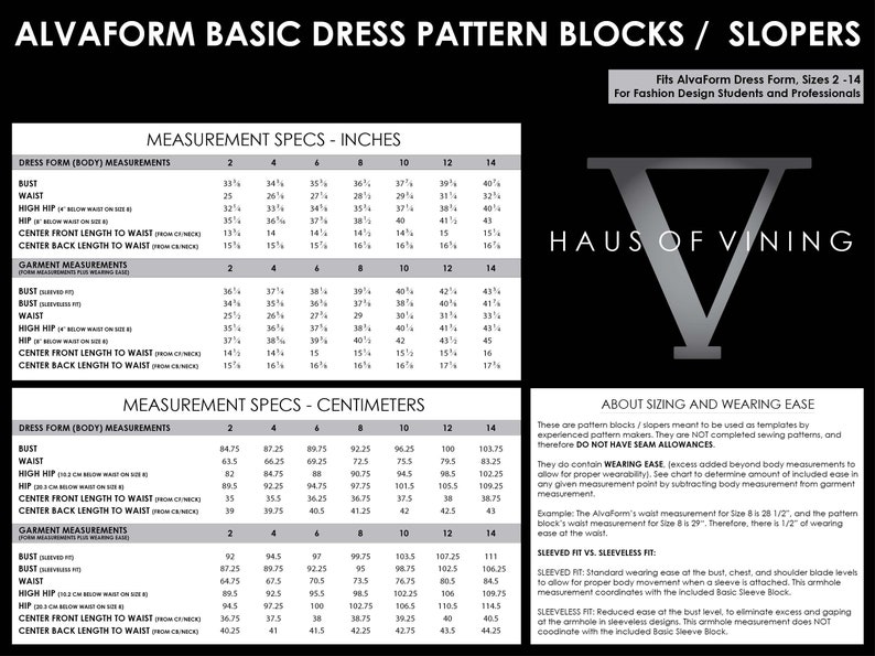 Alvaform sizes 2-14 Basic Dress Pattern Blocks / Slopers PDF DOWNLOAD ...