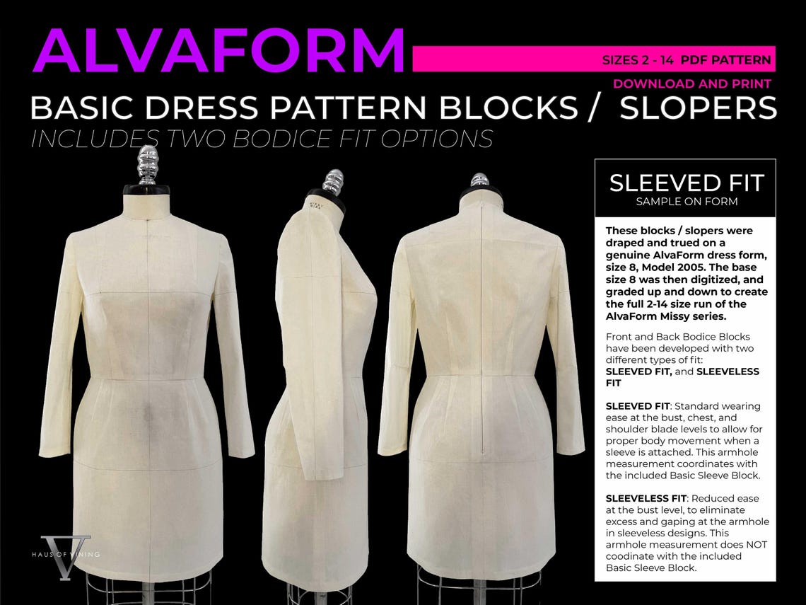 Alvaform (sizes 2-14) Basic Dress Pattern Blocks / Slopers (PDF ...