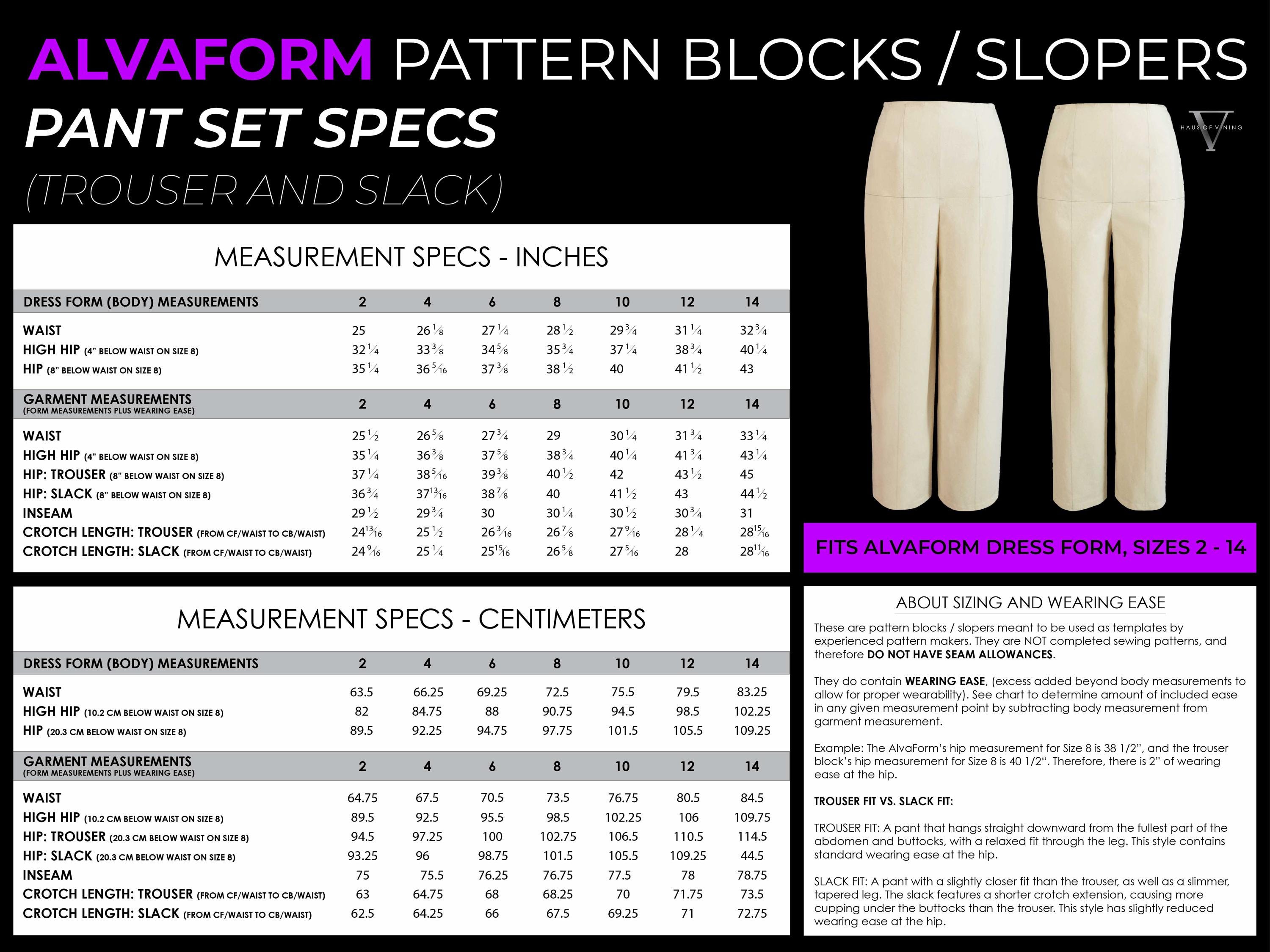 Alvaform (sizes 2-14) Pant Pattern Blocks / Slopers - Trouser & Slack ...