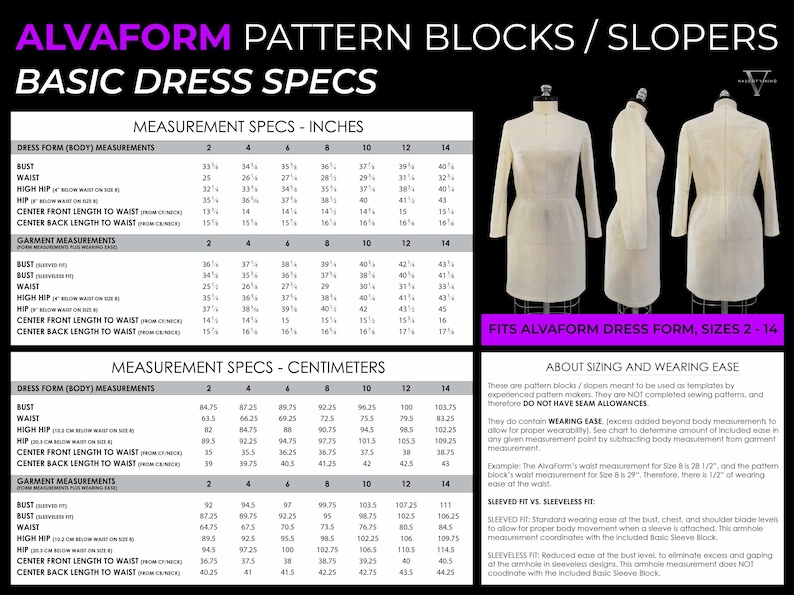Alvaform (sizes 2-14) Basic Dress Pattern Blocks / Slopers (FULL SIZE ...