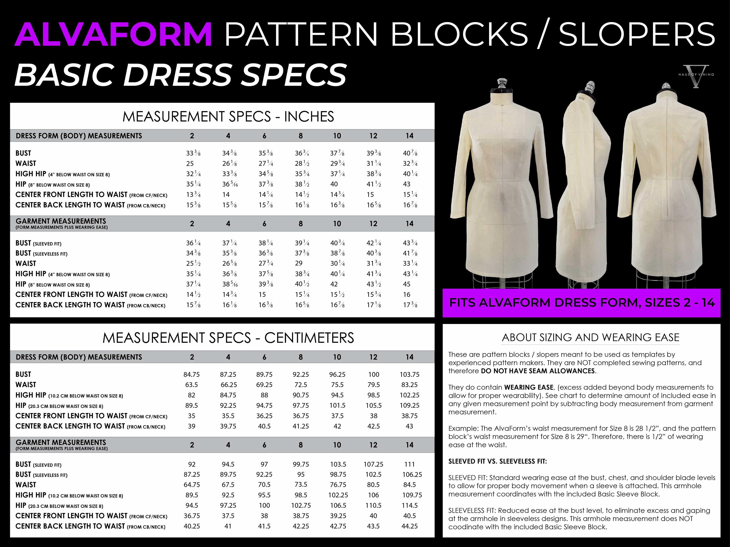 Alvaform (sizes 2-14) Basic Dress Pattern Blocks / Slopers (FULL SIZE ...