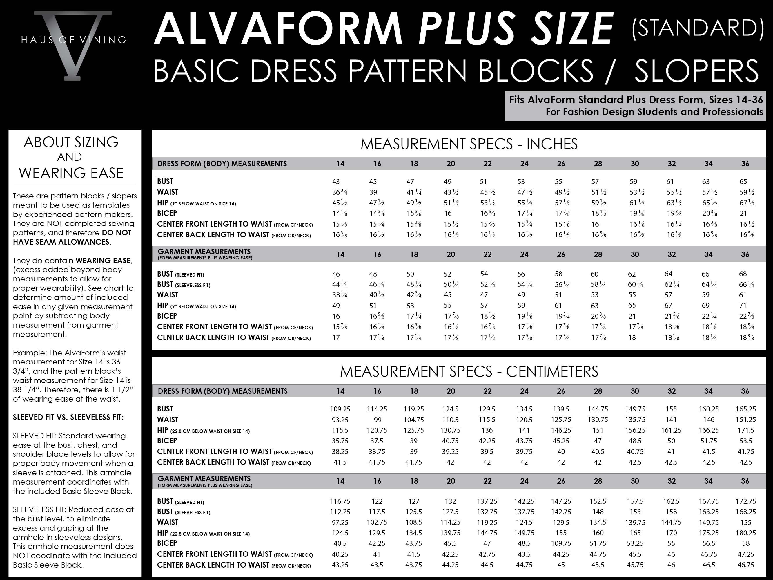 Alvaform PLUS SIZE (sizes 14-36) Basic Dress Pattern Blocks / Slopers ...