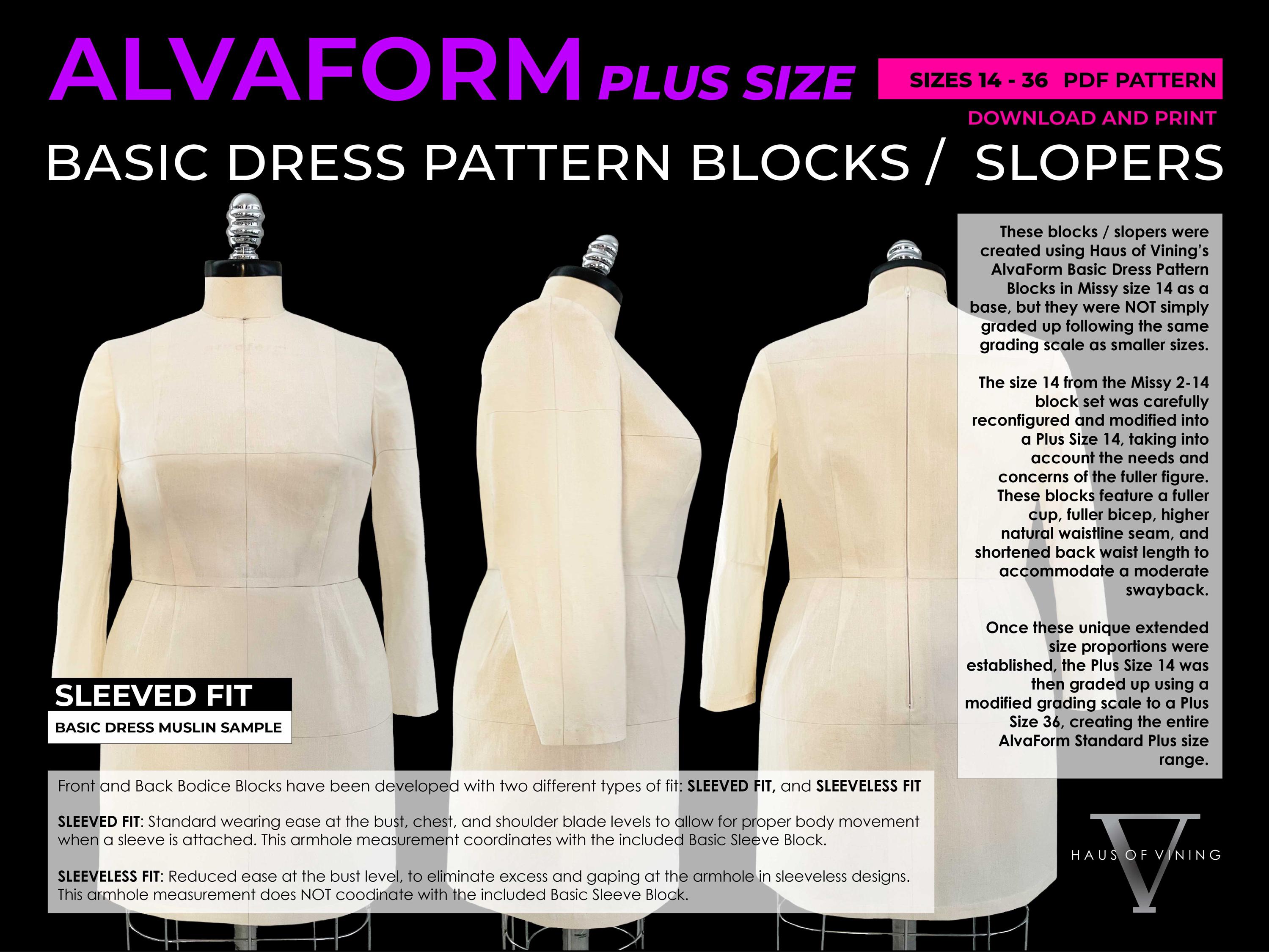 Alvaform PLUS SIZE (sizes 14-36) Basic Dress Pattern Blocks / Slopers ...