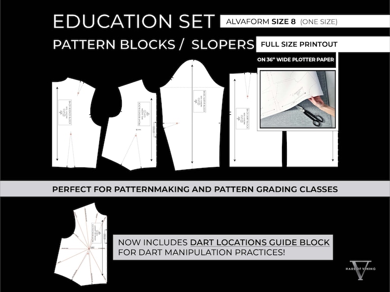 Basic Dress Pattern Blocks / Slopers Education Set Alvaform Size 8 FULL SIZE PRINTOUT - Etsy