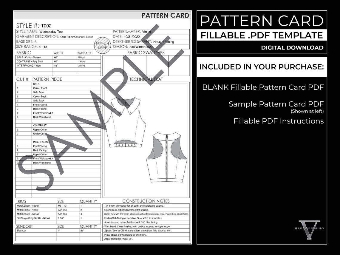 Pattern Card - Fillable Template for Apparel Industry Tech Packs (PDF ...