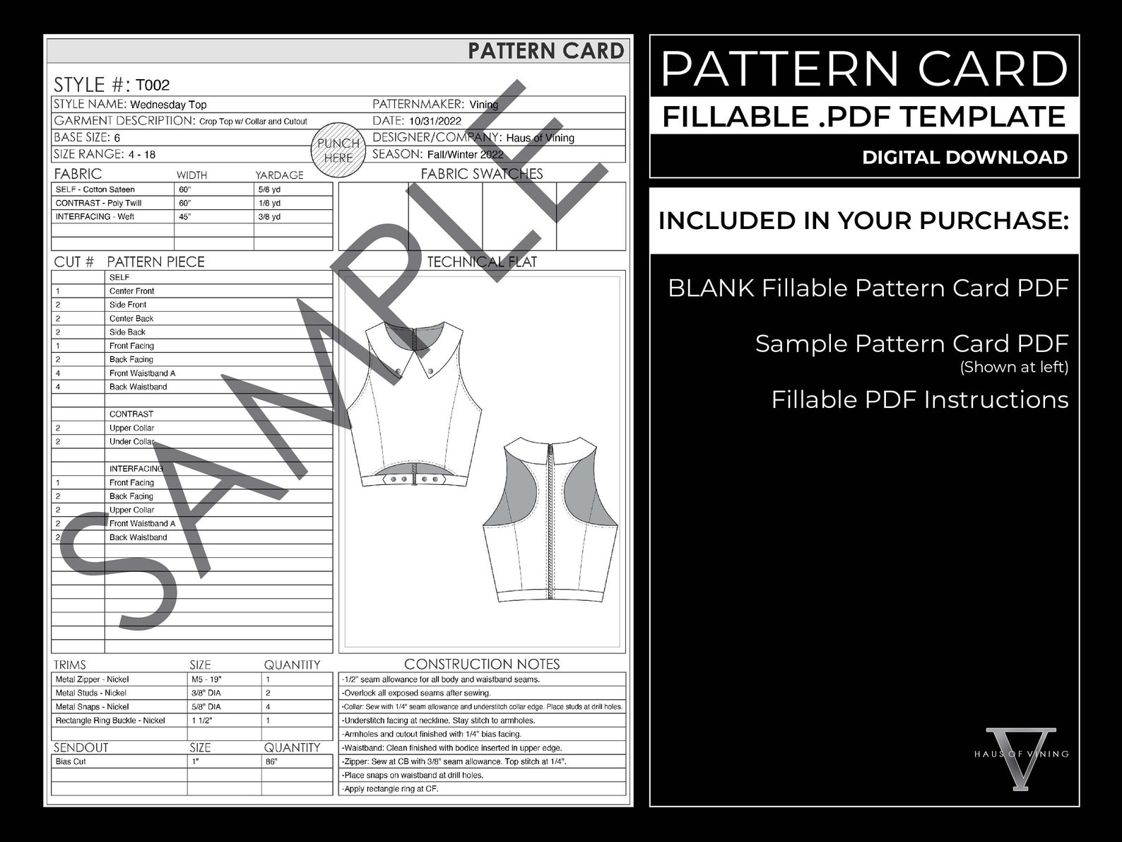Pattern Card - Fillable Template for Apparel Industry Tech Packs (PDF ...