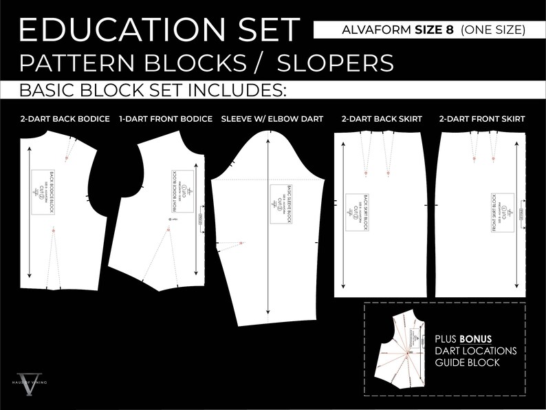 Basic Dress Pattern Blocks / Slopers Education Set Alvaform Size 8 FULL SIZE PRINTOUT - Etsy