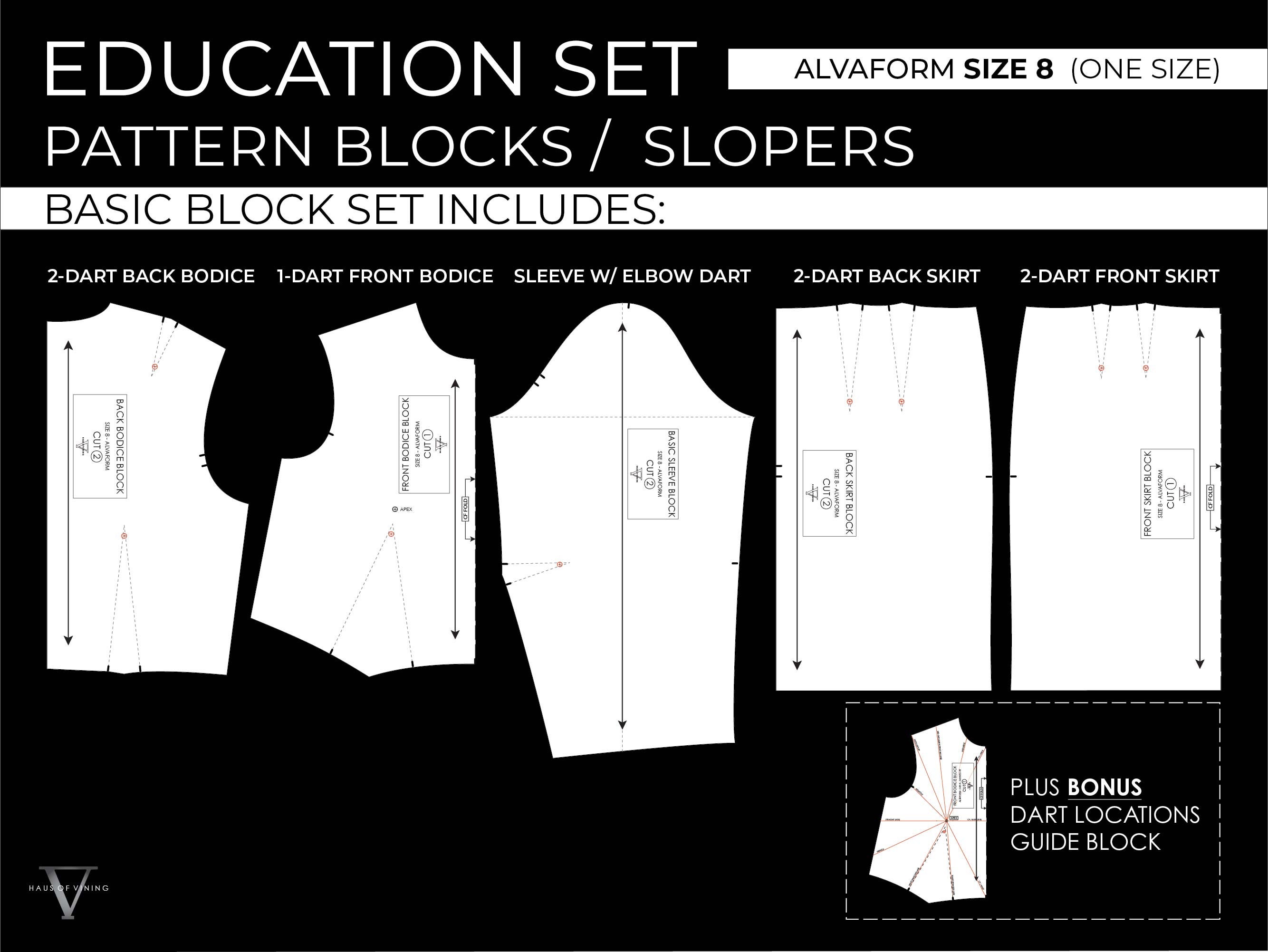 Basic Dress Pattern Blocks / Slopers - Education Set - Alvaform Size 8 ...