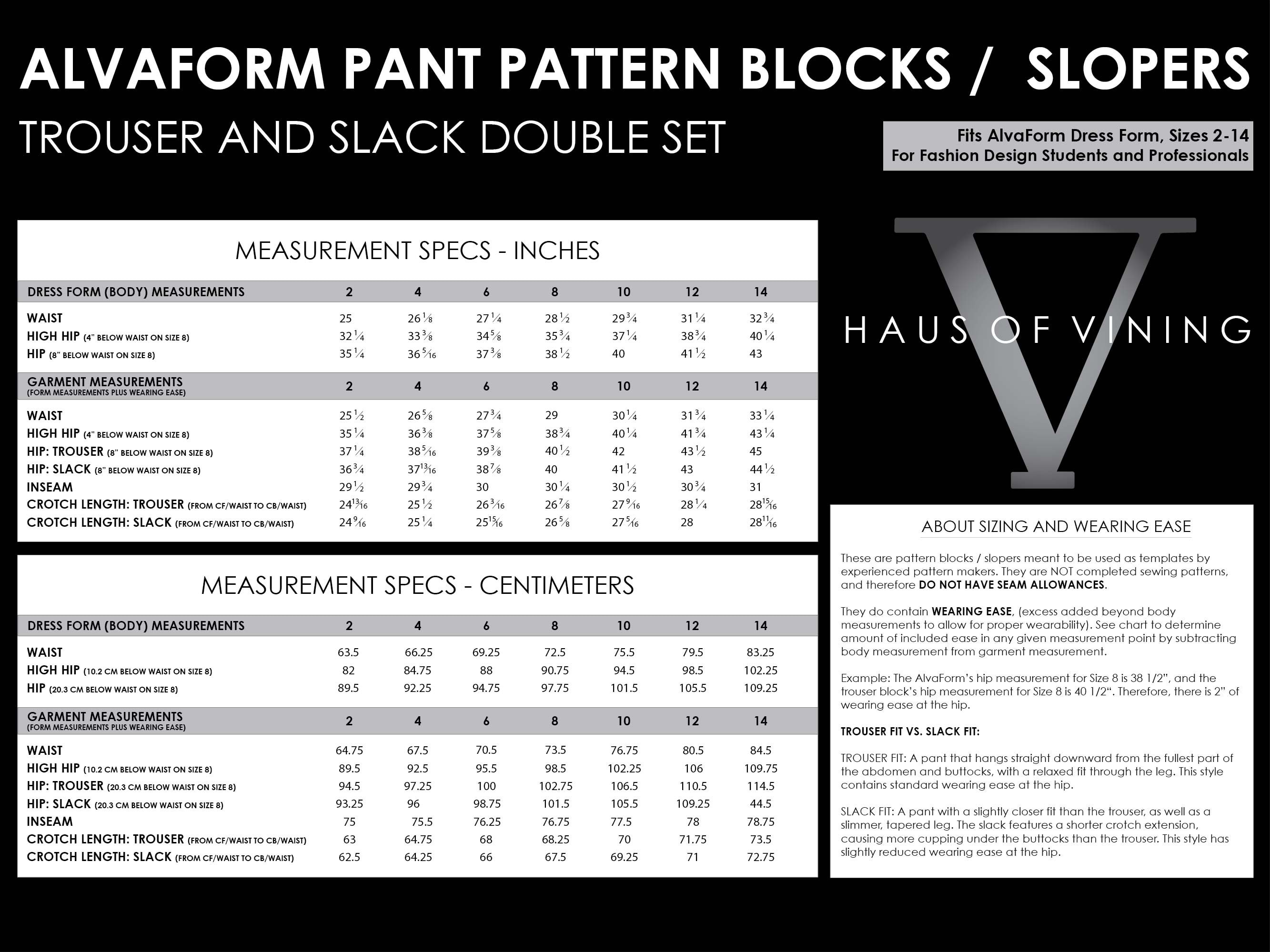 Alvaform sizes 2-14 Pant Pattern Blocks / Slopers Trouser & Slack ...