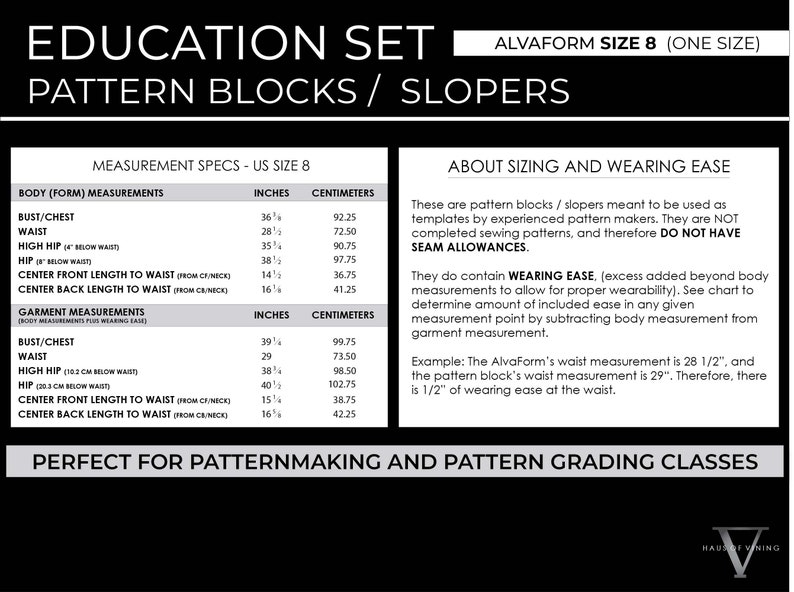 Basic Dress Pattern Blocks / Slopers - Education Set - Alvaform Size 8 ...