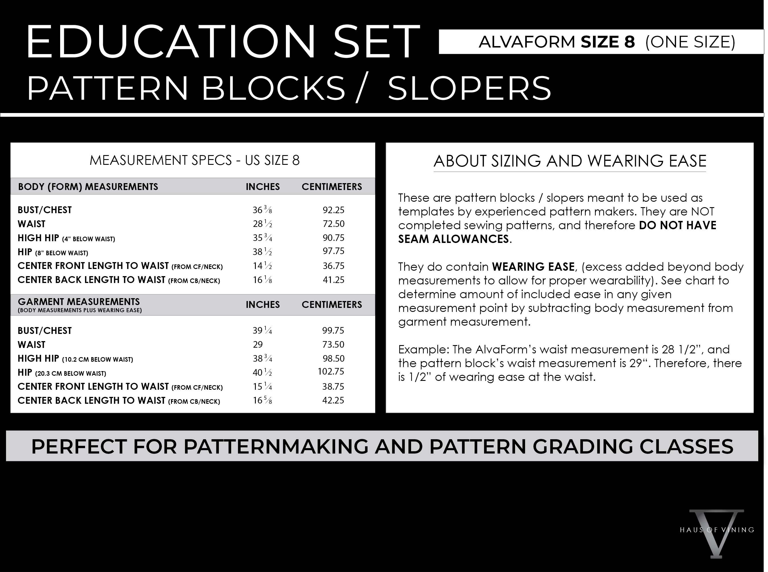 Basic Dress Pattern Blocks / Slopers - Education Set - Alvaform Size 8 ...