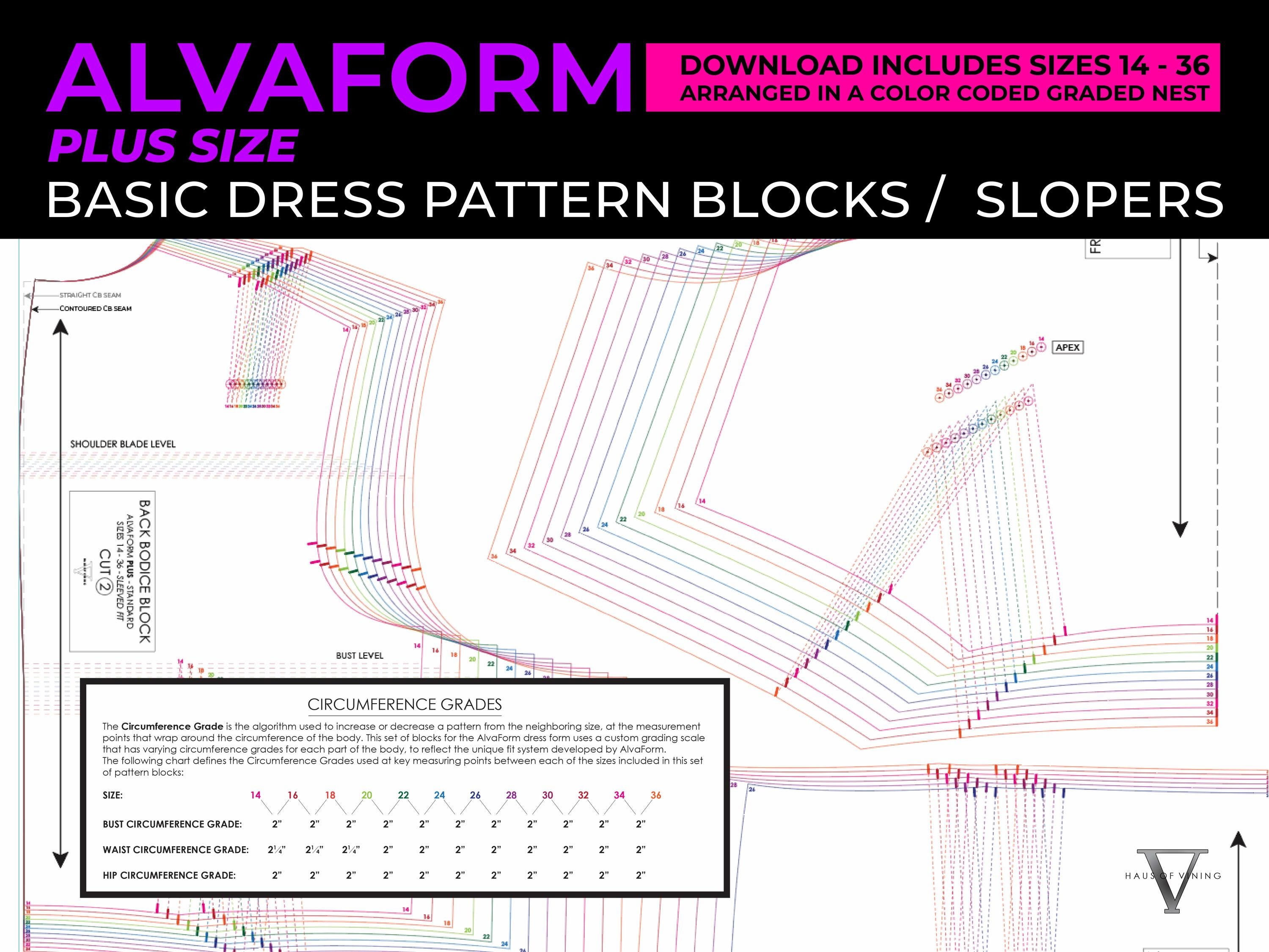 Alvaform PLUS SIZE (sizes 14-36) Basic Dress Pattern Blocks / Slopers ...