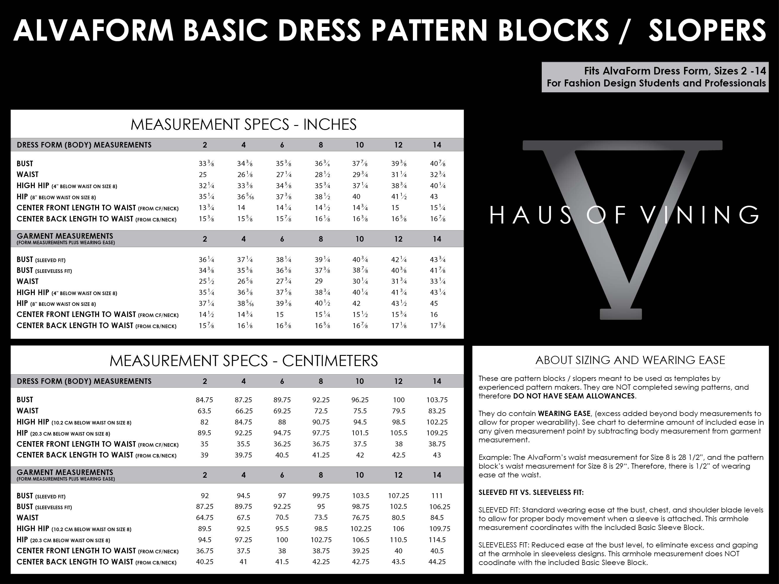 Alvaform (sizes 2-14) Basic Dress Pattern Blocks / Slopers (FULL SIZE ...