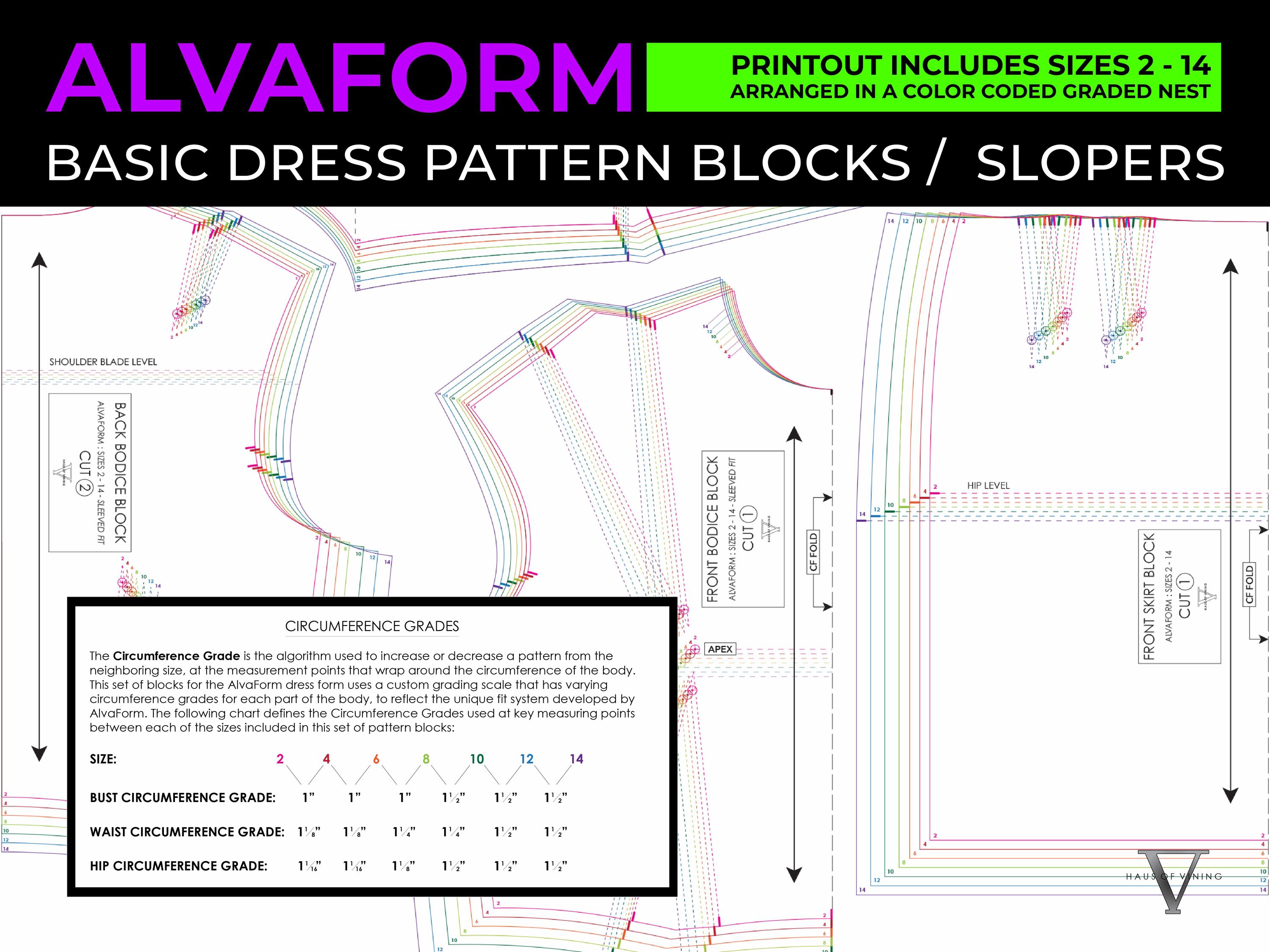 Alvaform (sizes 2-14) Basic Dress Pattern Blocks / Slopers (FULL SIZE ...