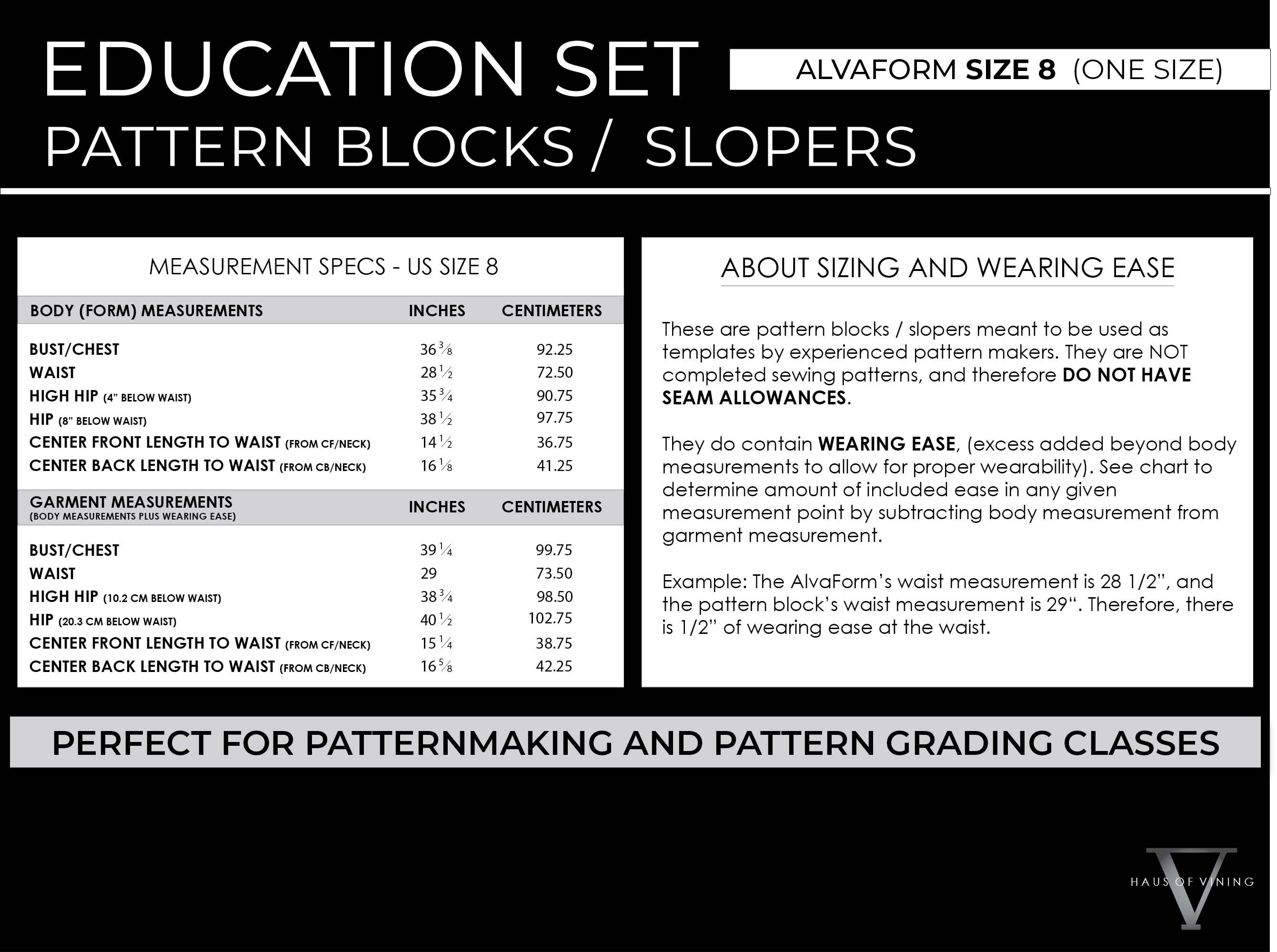 Basic Dress Pattern Blocks / Slopers - Education Set - Alvaform Size 8 ...
