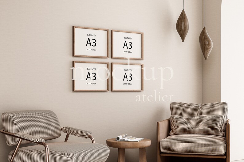Horizontal A3 Frame Set Mockup, Print Bundle Mockup, Wood Frame Mockup ...