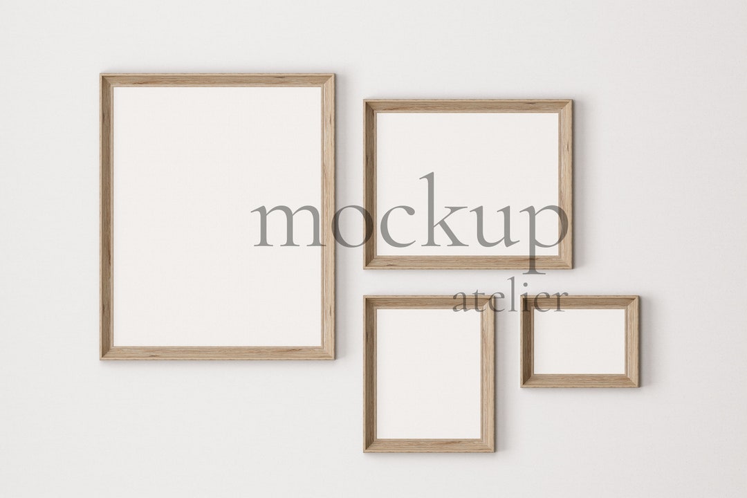 Set of 4 Prints Wood Frame Mockup, Antique Oak Frame Bundle Mockup ...